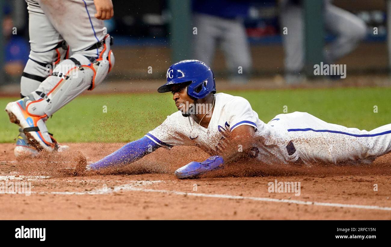AUG 01, 2023: Kansas City Royals second baseman Samad Taylor (0) slides ...