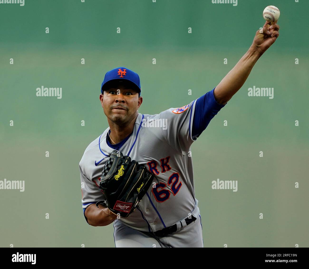 AUG 01, 2023: New York Mets starting pitcher Jose Quintana (62) delivers a pitch at Kauffman ...
