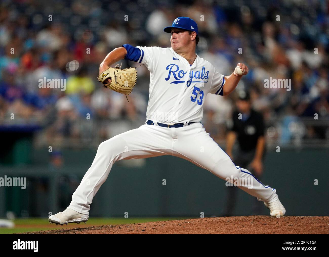 AUG 01, 2023: Kansas City Royals relief pitcher Austin Cox (53) brings ...