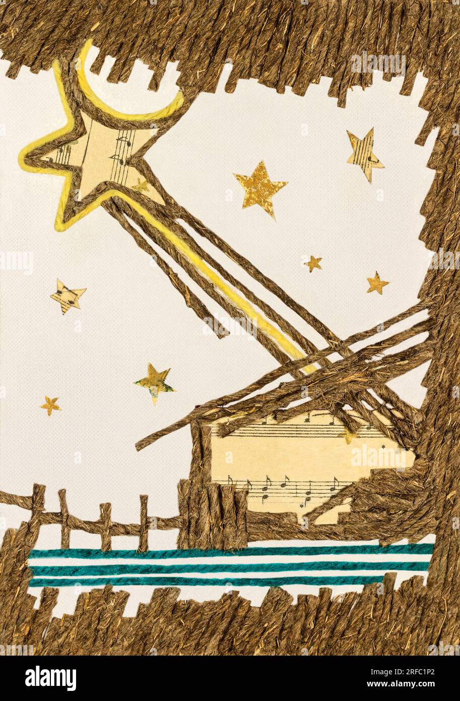 Christmas card/illustration. A hut, a star and a frame made of string ...