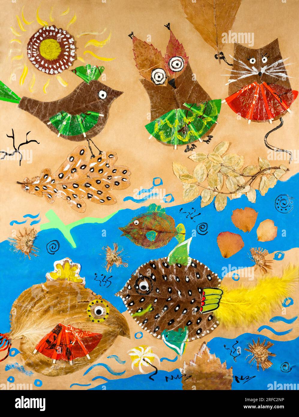 Funny, autumn, colorful collage/composition of dried leaves and flowers ...