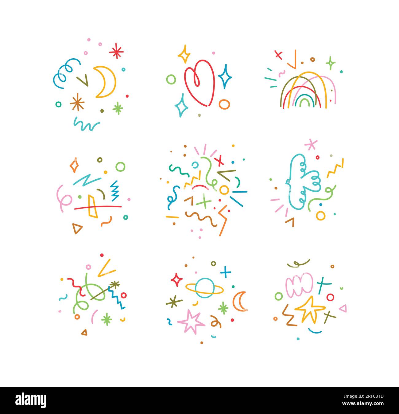 Cute color linear composition with moon, heart, rainbow, tornado ...