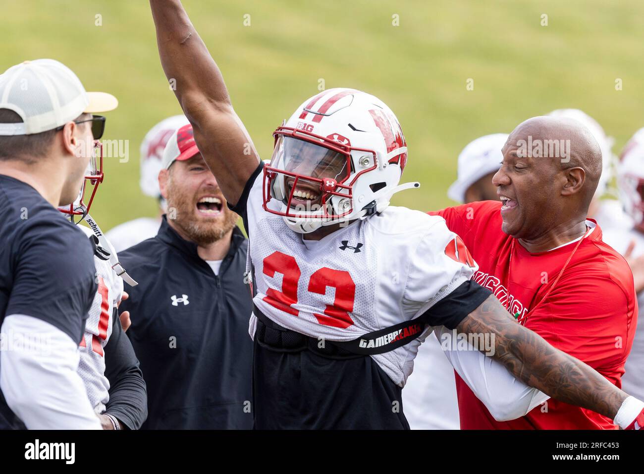 Wisconsin NCAA college football cornerback Jason Maitre (23) celebrates ...