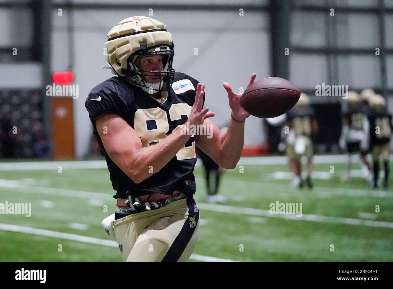 New Orleans Saints tight end Foster Moreau (82) runs through drills at ...