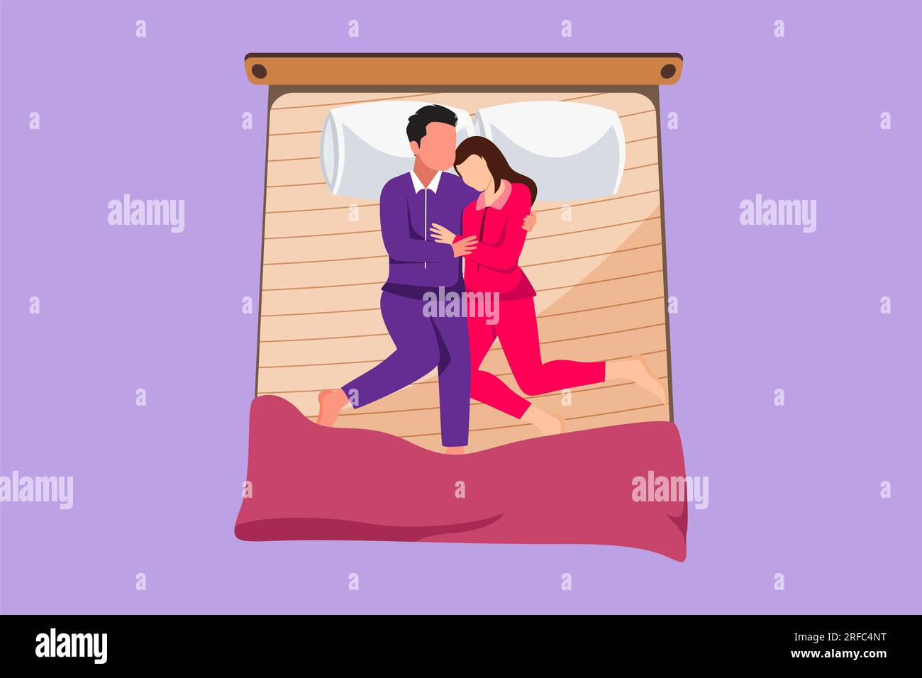 Cartoon flat style drawing male and female couple embracing affectionately in bed, man and woman ...