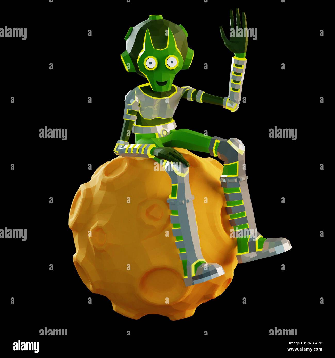 A green alien is sitting on the moon and waving a greeting Stock Photo ...
