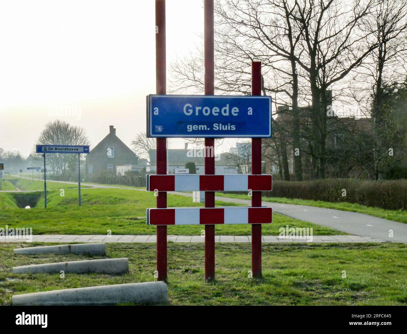 Blue sign for the Dutch village of Groede in the province of Zeeland ...