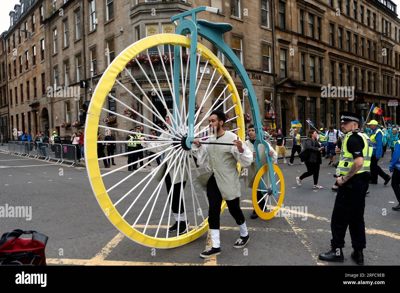 A giant penny farthing bike wheeled along during the opening ceremony for the 2023 UCI Cycling ...