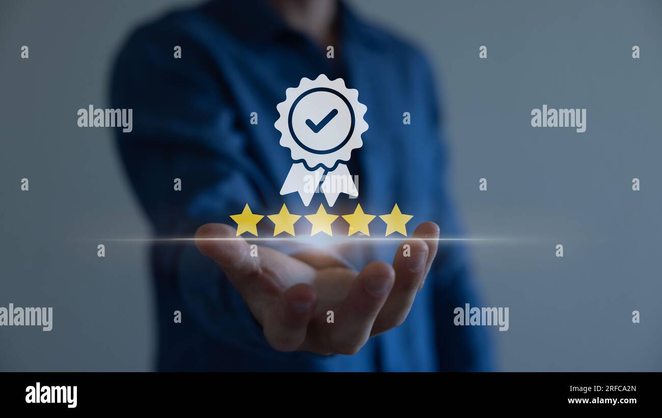 Businessman Hand shows the sign of the top service the best Quality ...