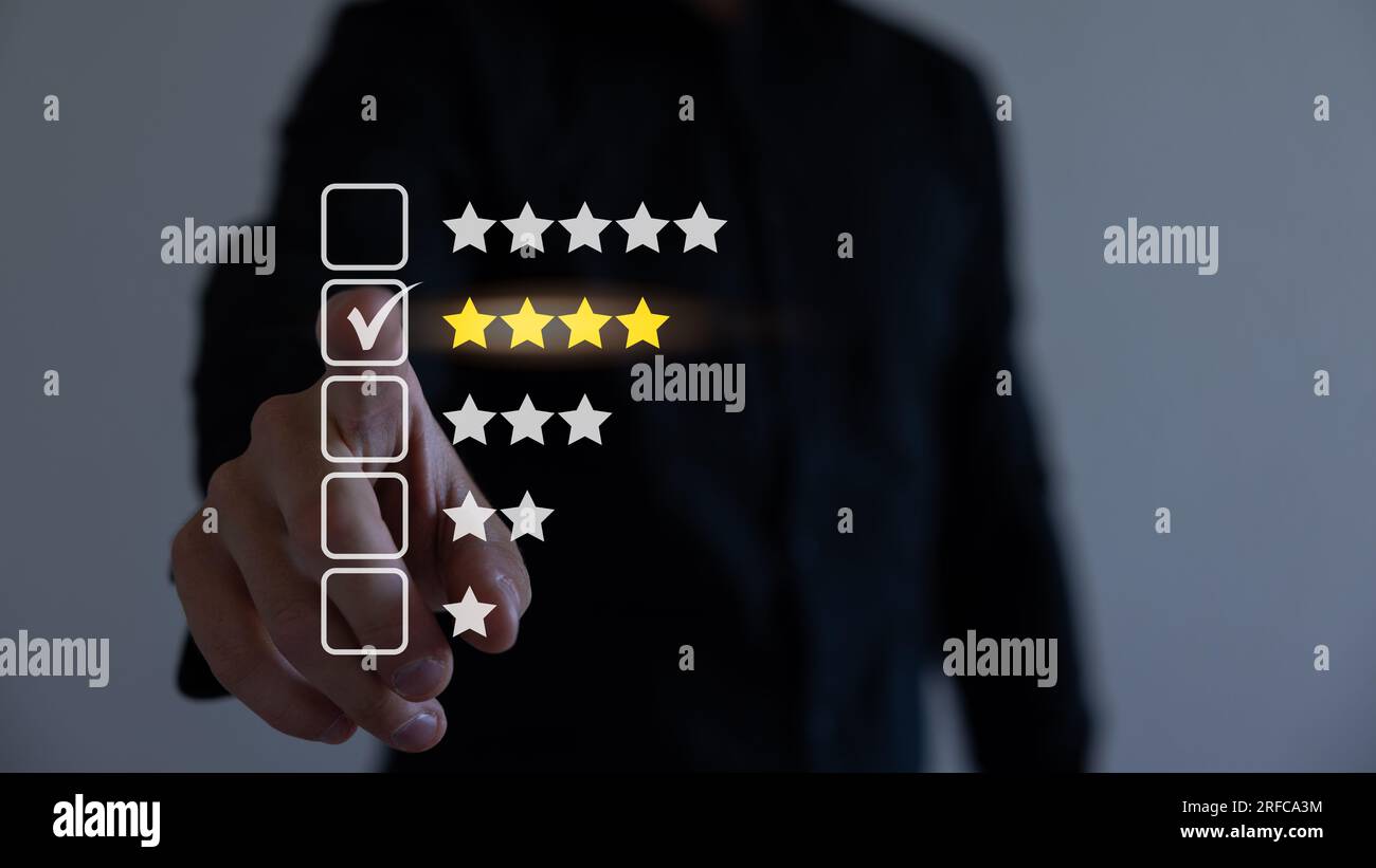 Customer review satisfaction feedback survey. User giving rating to ...