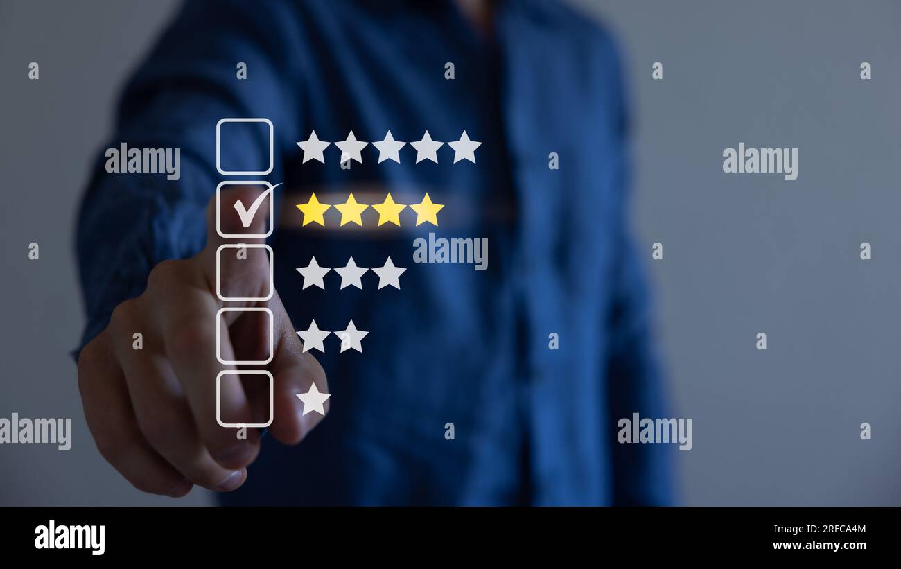 Customer review satisfaction feedback survey. User giving rating to ...
