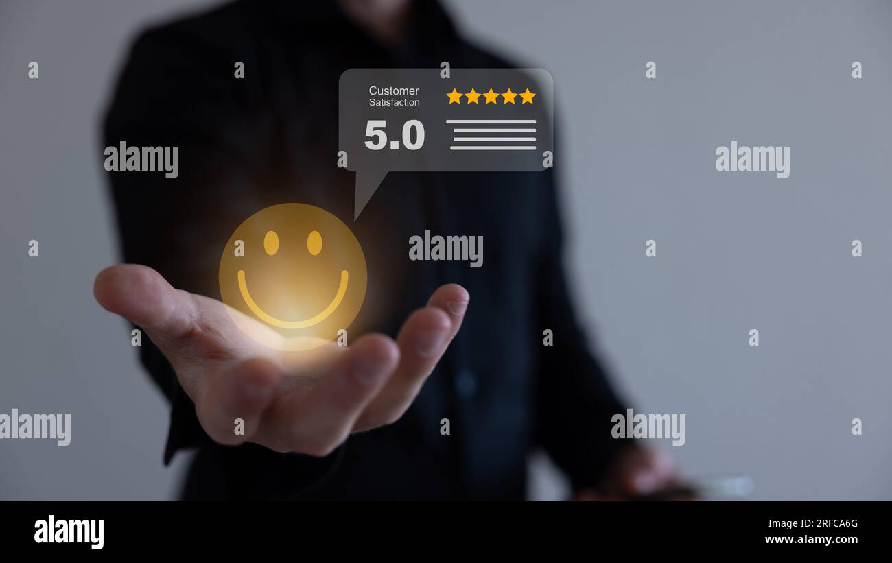 Hand businessman show happy smile relax face, good feedback rating ...