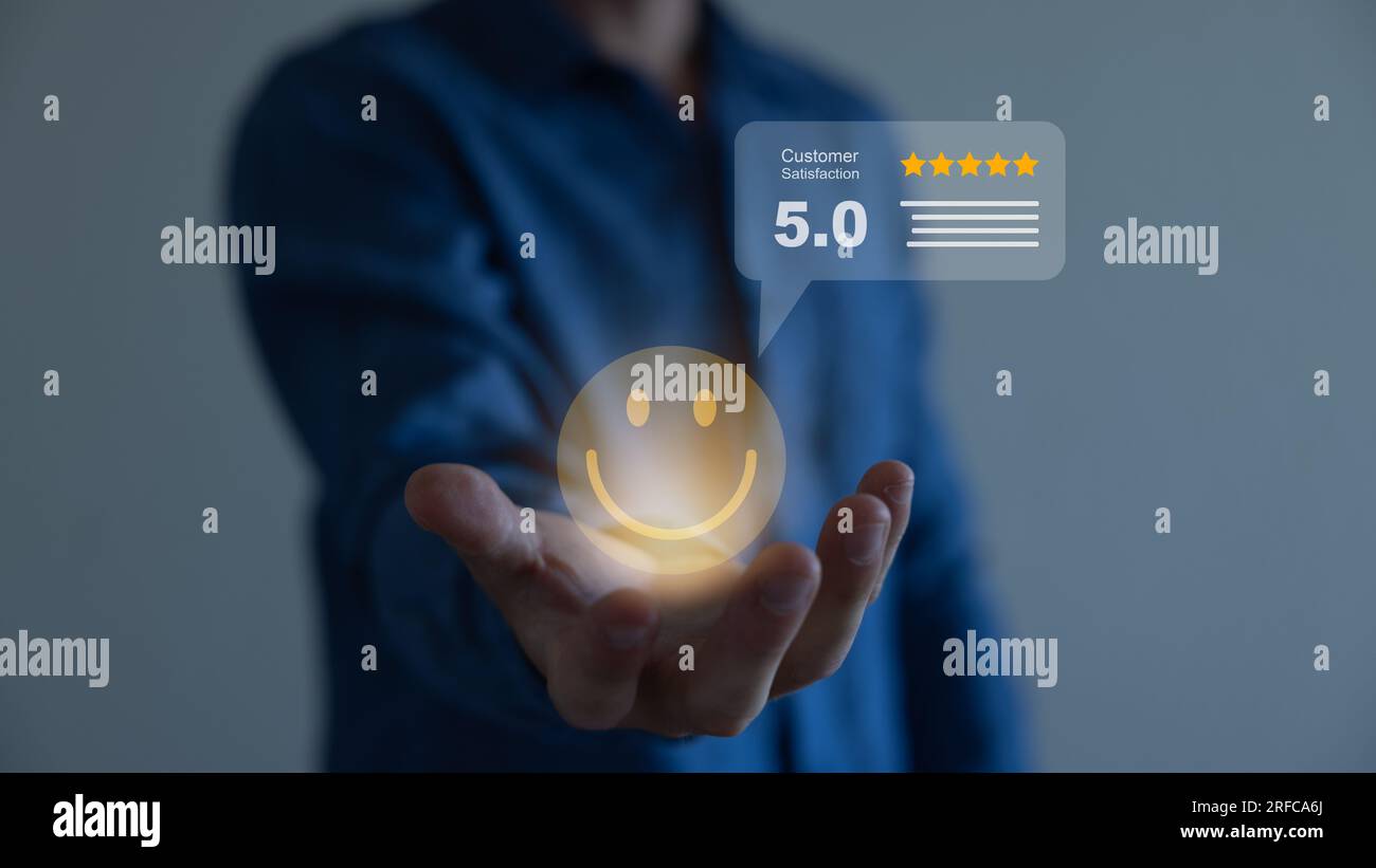 Hand businessman show happy smile relax face, good feedback rating ...