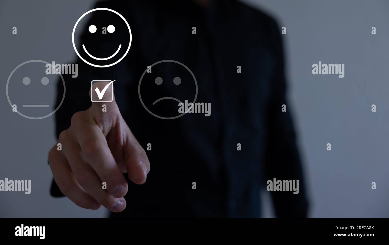 Customer service and Satisfaction concept, Businessman pressing smiley ...