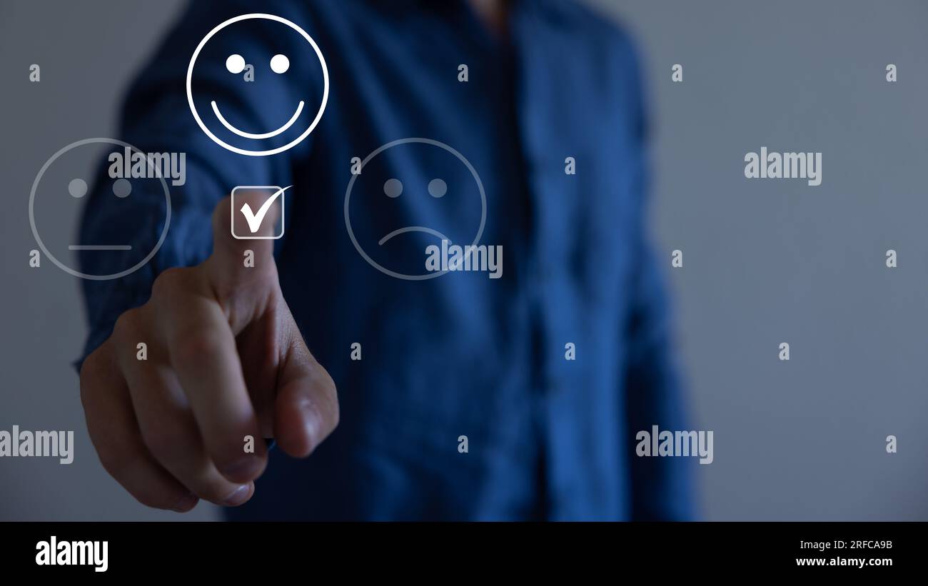 Customer service and Satisfaction concept, Businessman pressing smiley ...