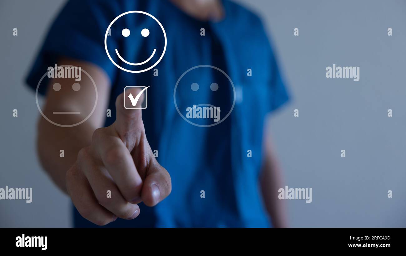 Customer service and Satisfaction concept, Businessman pressing smiley ...