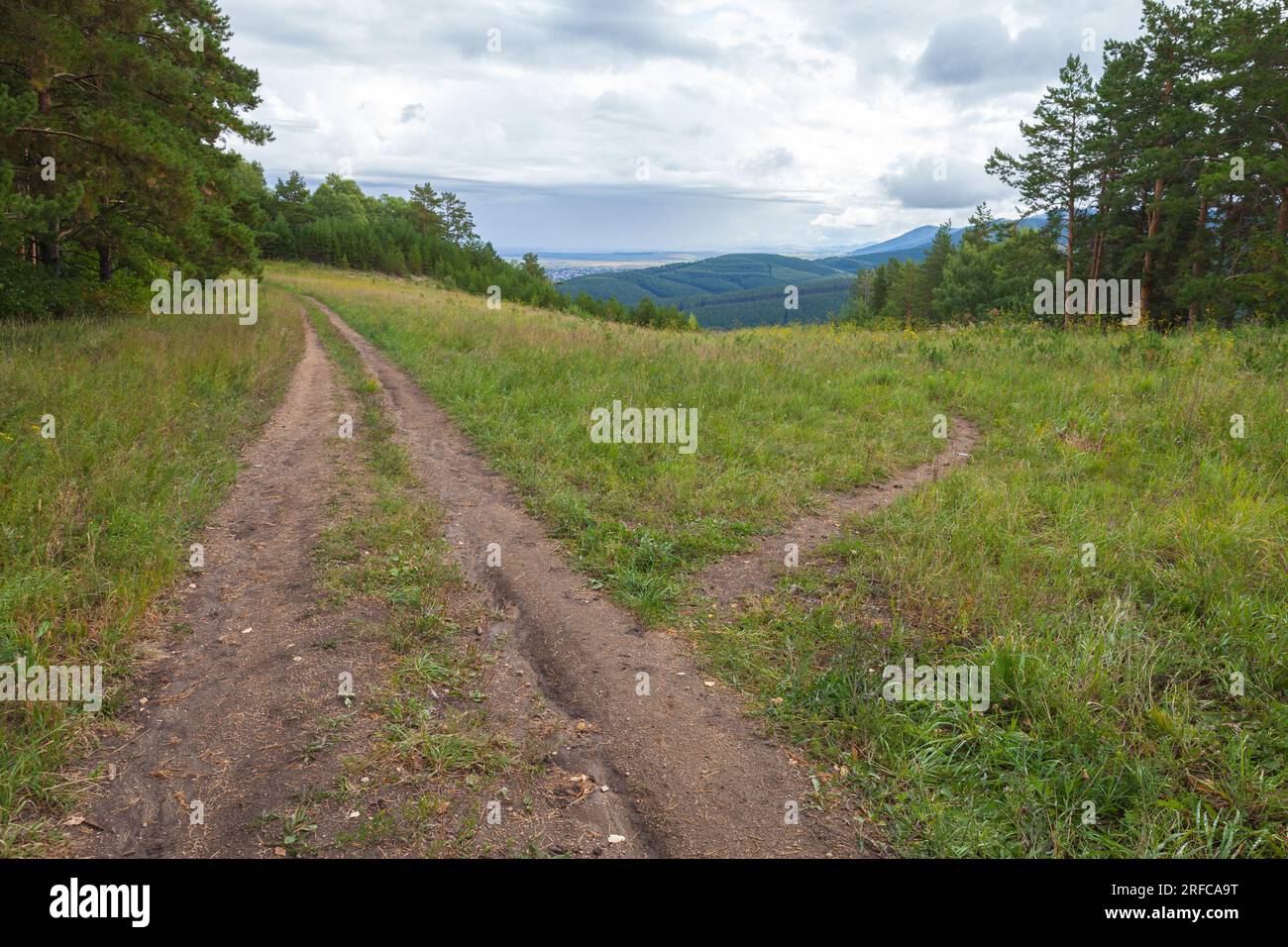 Rural Russian landscape with divergent roads. Belokurikha. The road to ...