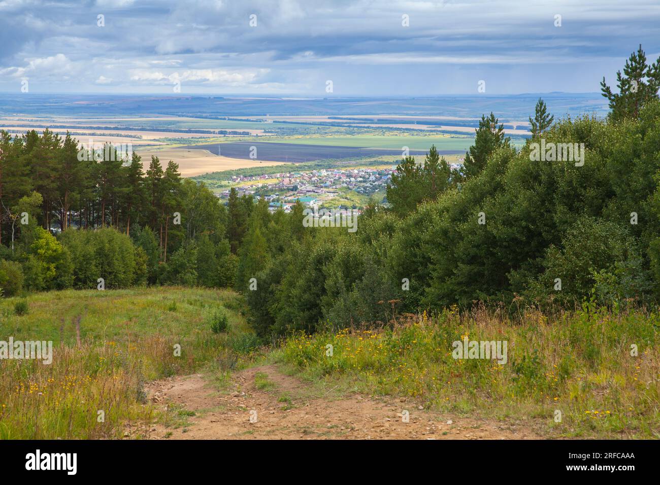 Rural Russian landscape with Belokurikha town on a background. Summer ...