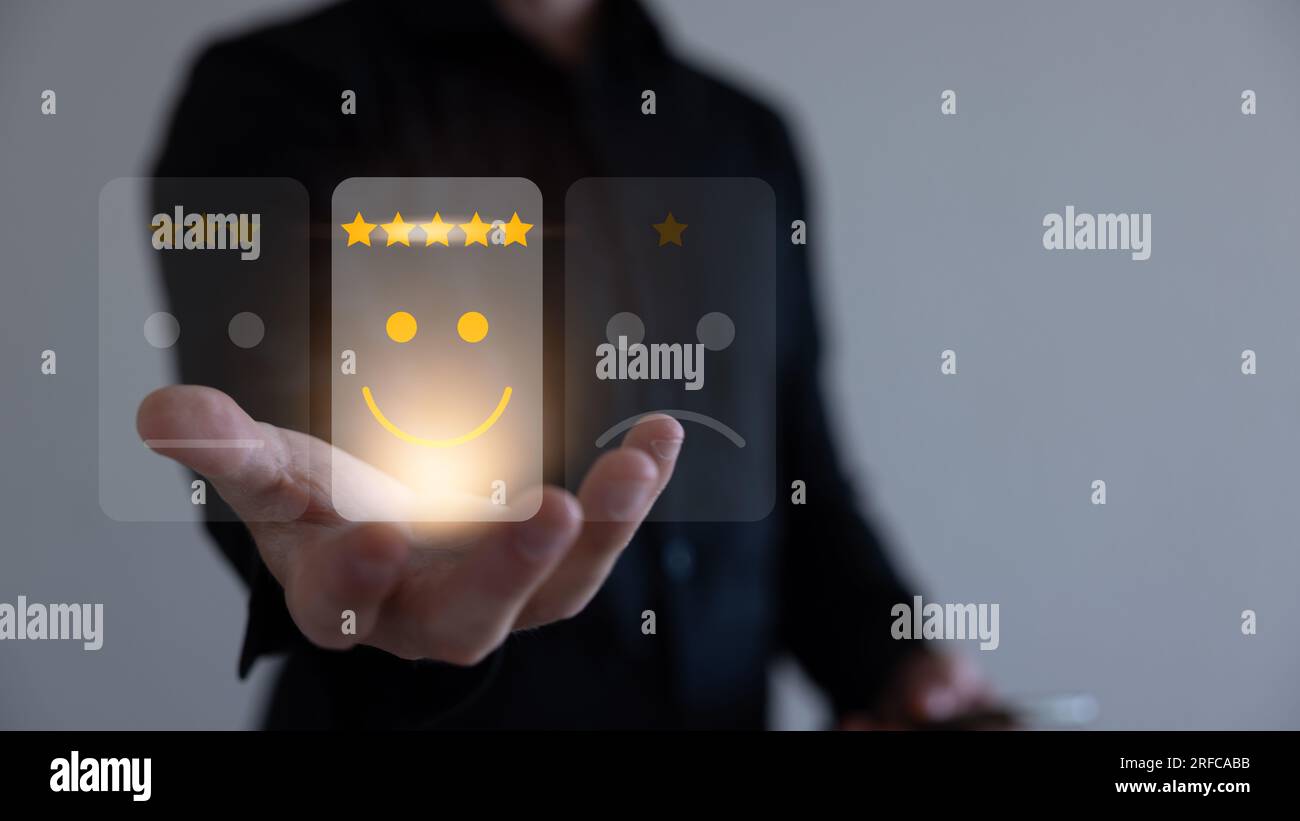 Positive customer reviews touch the happiness icon and a five-star ...