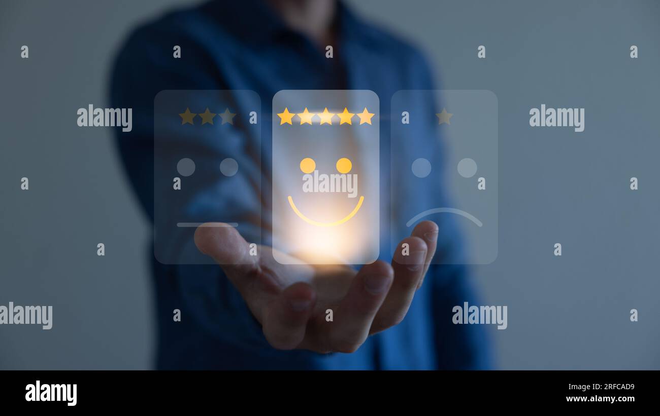 Positive customer reviews touch the happiness icon and a five-star ...