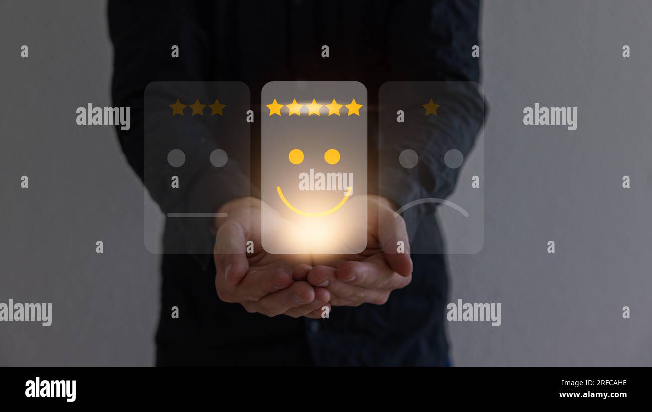 Customer services, Businessman touch happy smiley face icon of best ...