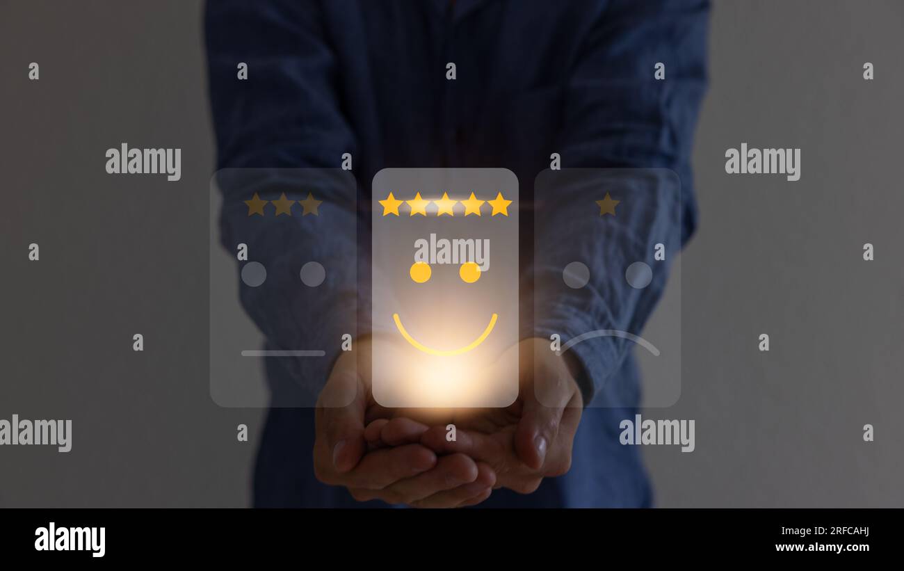 Customer services, Businessman touch happy smiley face icon of best ...