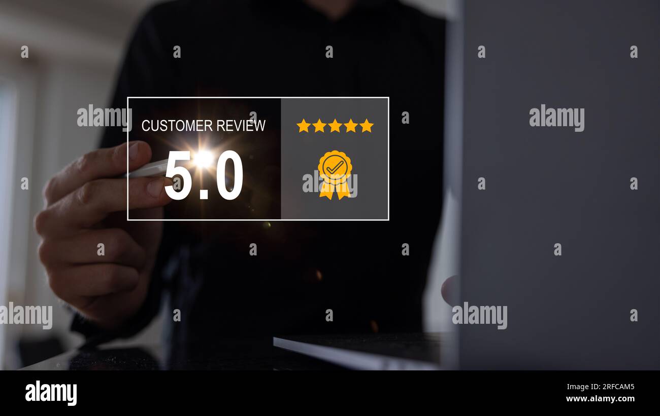 Customer pointing fingers on virtual screen choose to rate service on ...