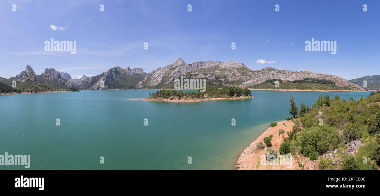 Panoramic view at the Riaño Reservoir, located on Picos de Europa or ...