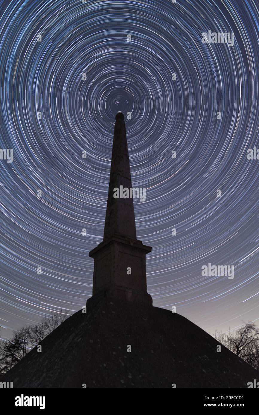 Star trails at the Wade Monument Little Shelford, Cambridge Stock Photo ...