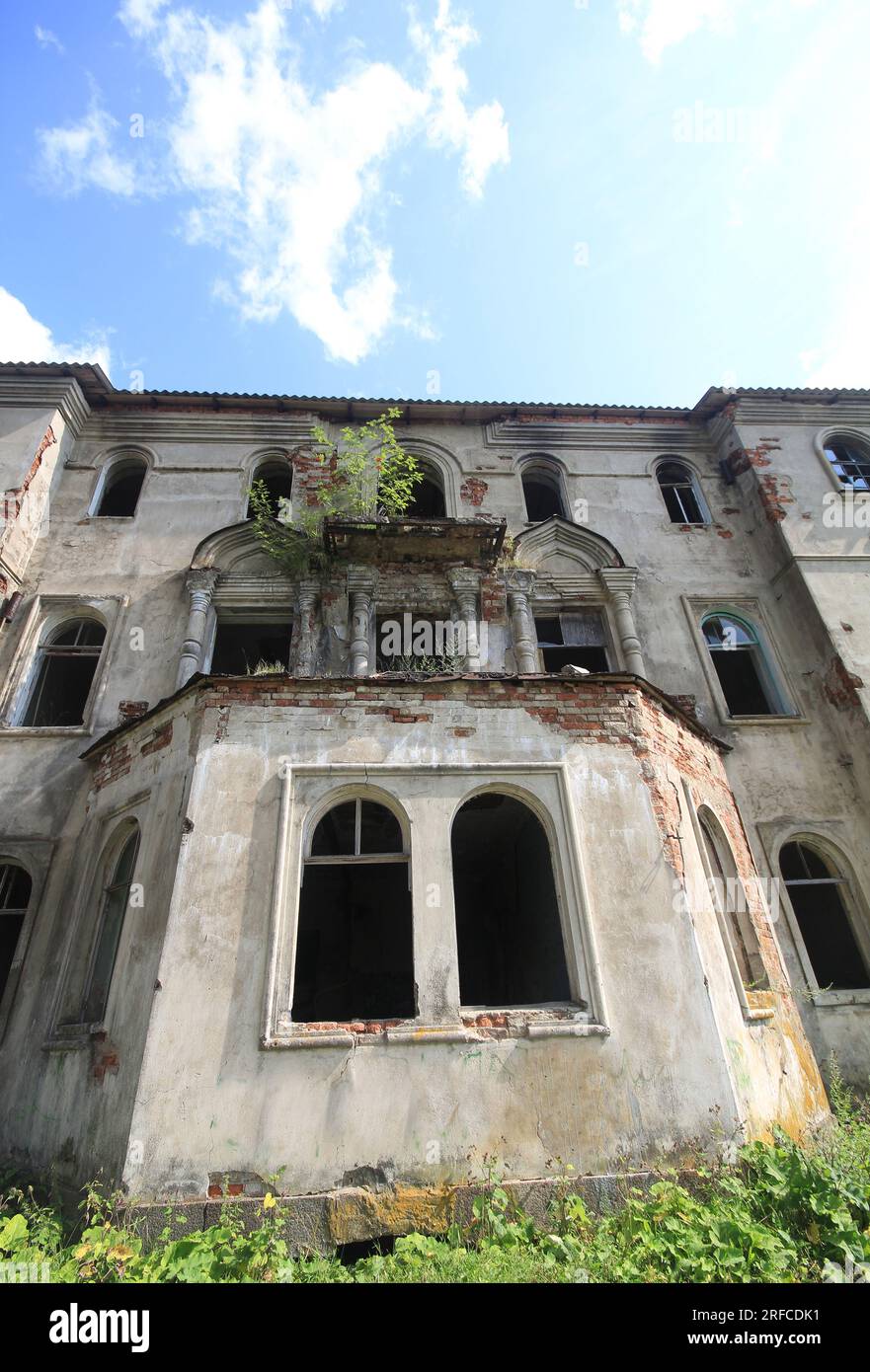 Old Russian manor of the 19th century. Front entrance of the house ...
