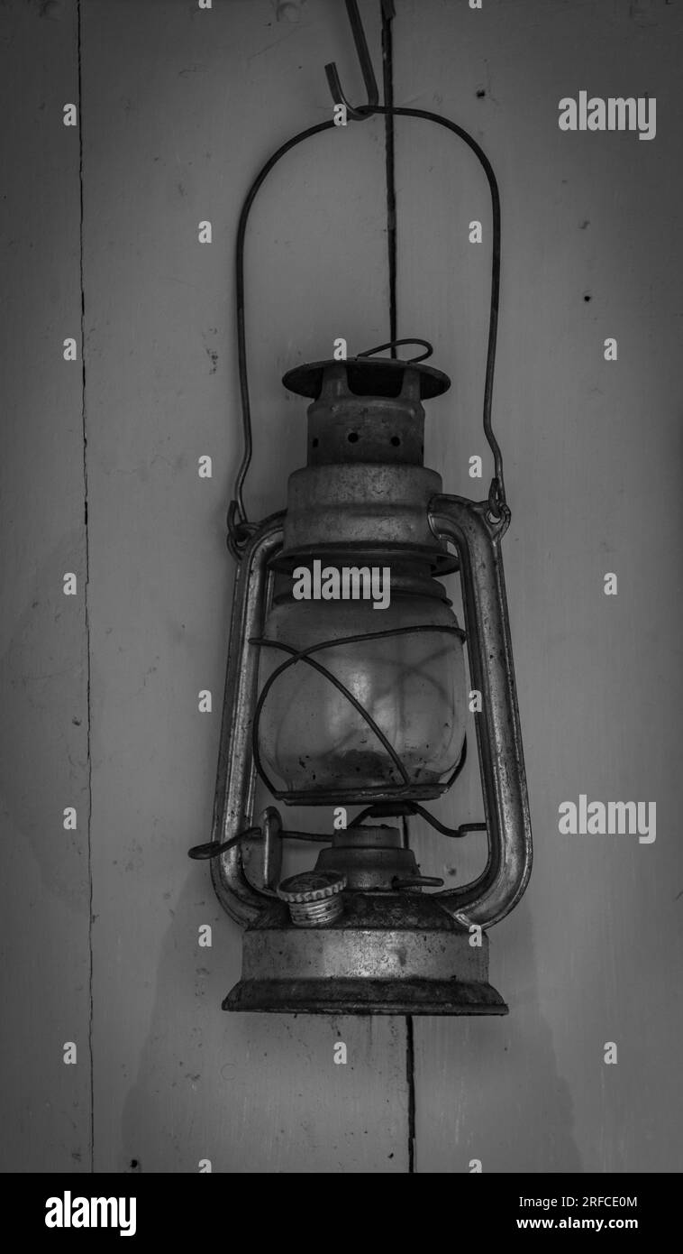 Old black railway lamp in wooden box in east Germany Stock Photo - Alamy