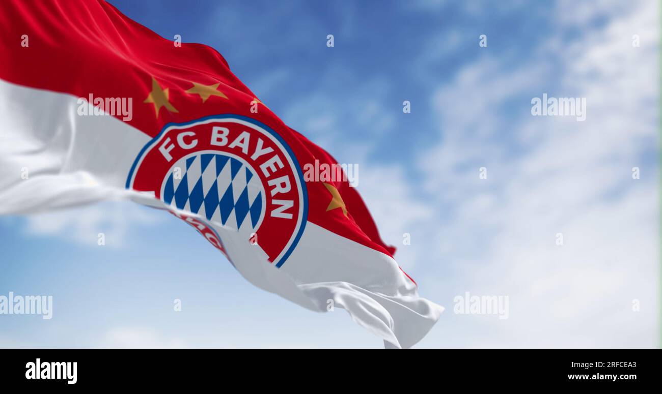 Munich, DE, June 30 2023: Bayern Munich flag waving in the wind on a ...