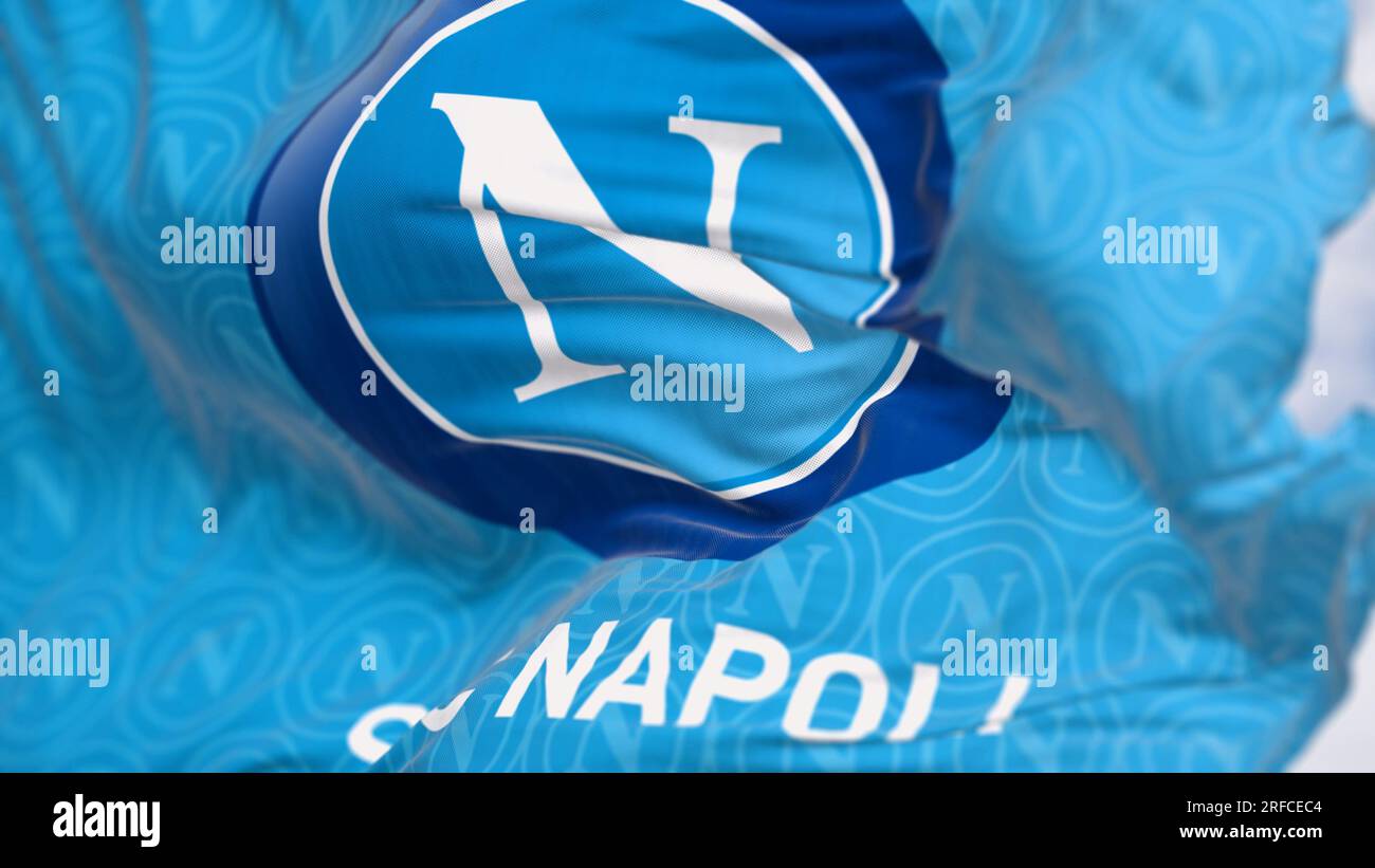 Naples, IT, March 2023: Close-up of Napoli football flag waving in the ...