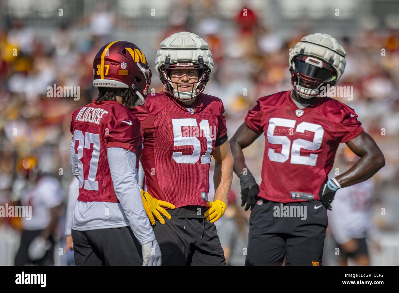 Ashburn, Virginia, USA. 29th July, 2023. VA, USA: Washington Commanders linebacker David Mayo ...