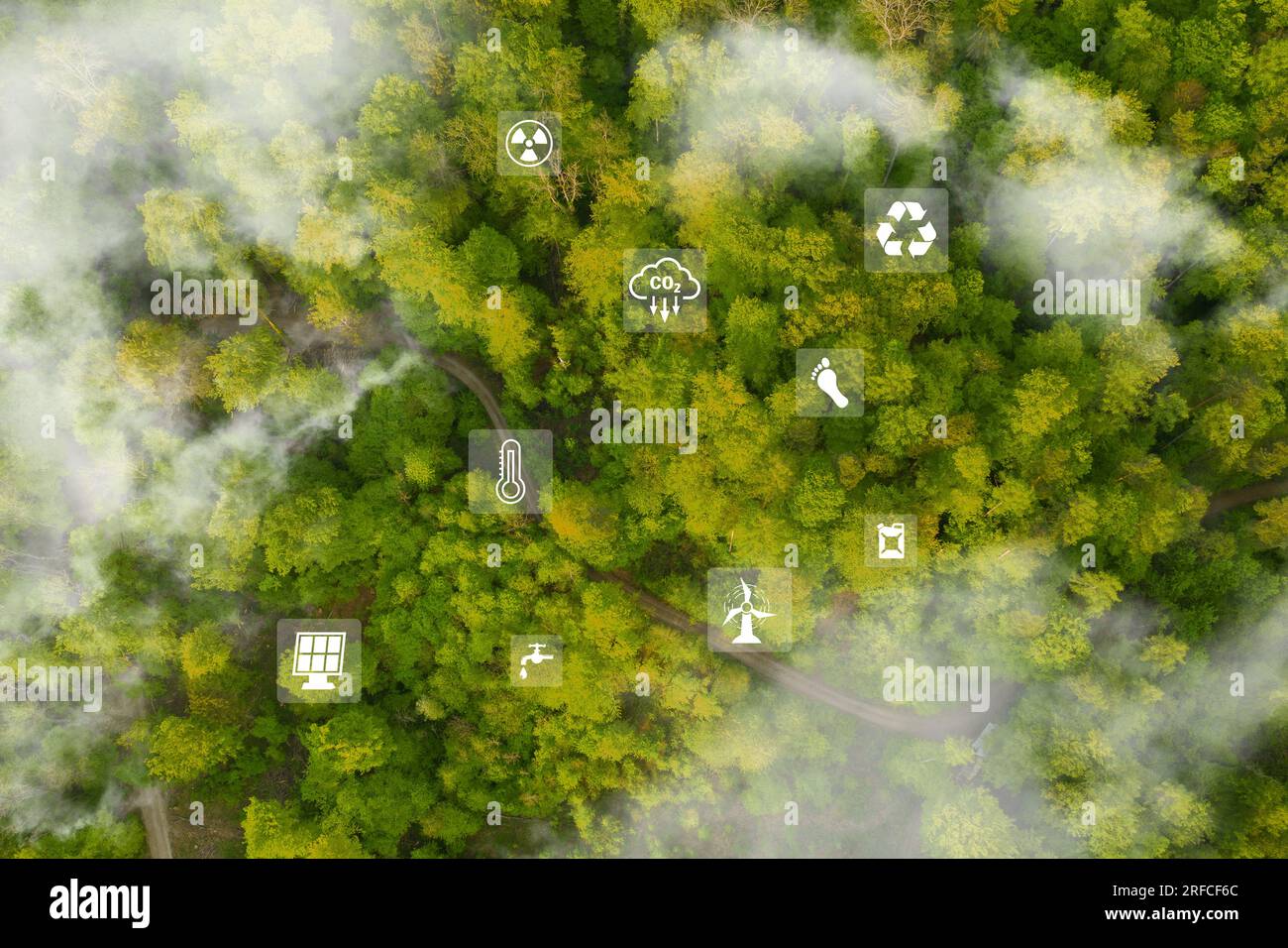 icon reduce CO2 emission concept on the top view of the forest for ...