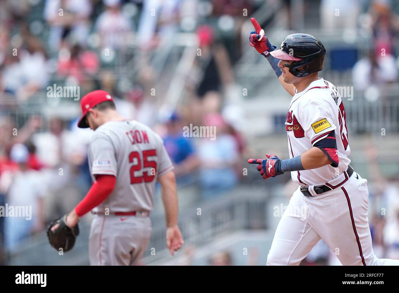 Atlanta Braves' Austin Riley (27) celebrates after hitting a two run ...