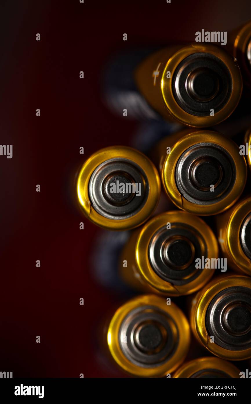 Close up background of various alkaline rechargeable batteries AA for ...