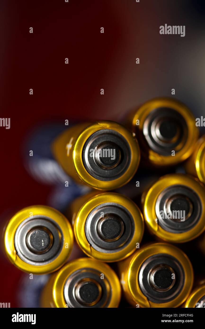 Close up background of various alkaline rechargeable batteries AA for ...