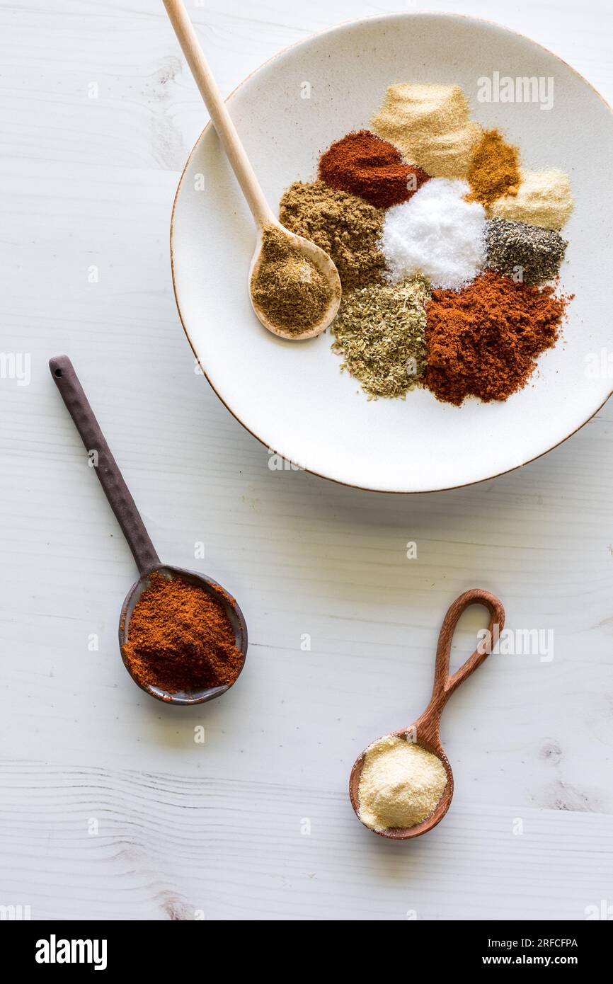 An arrangement with portions of spices used in making a taco spice ...