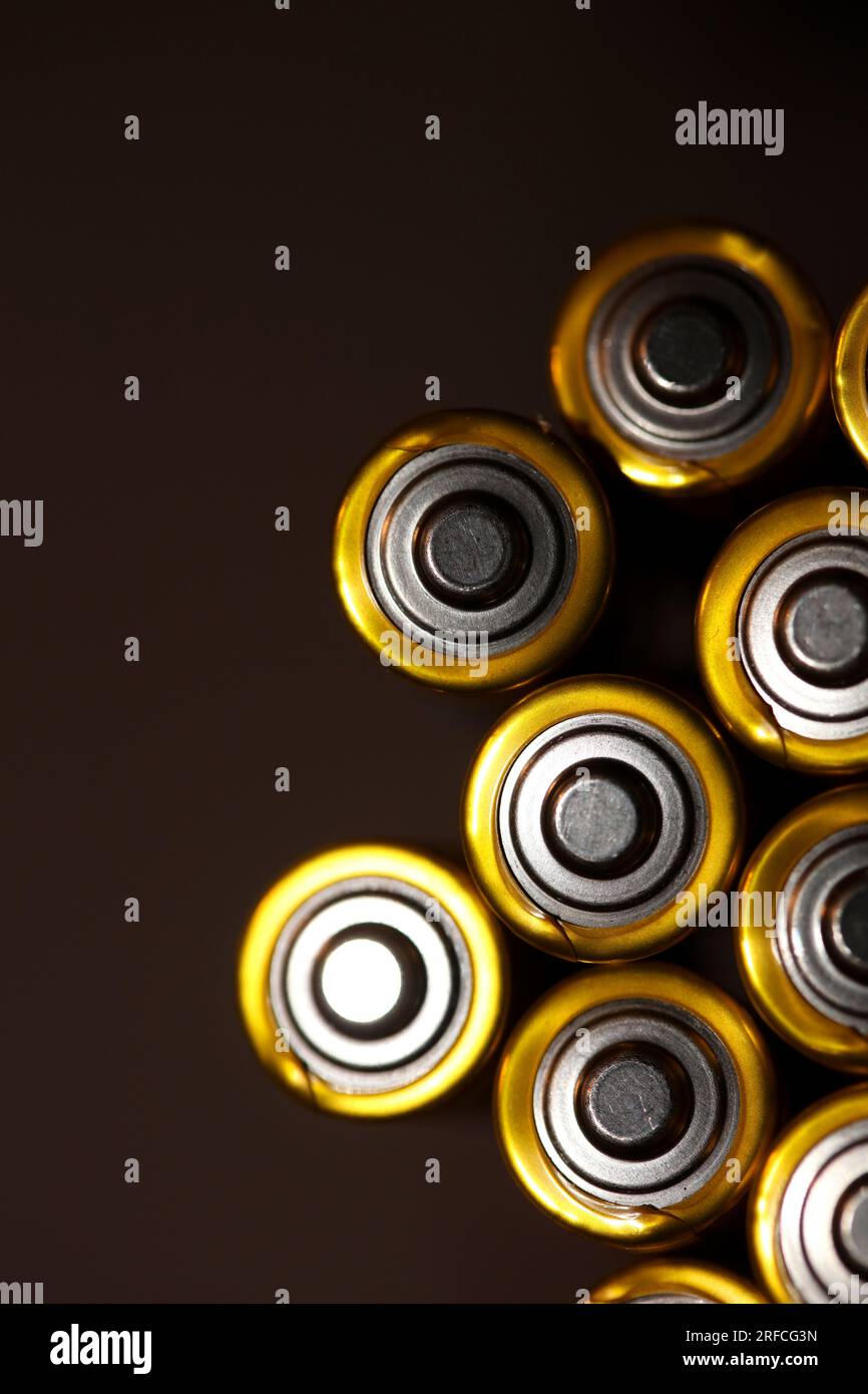 Close up background of various alkaline rechargeable batteries AA for ...