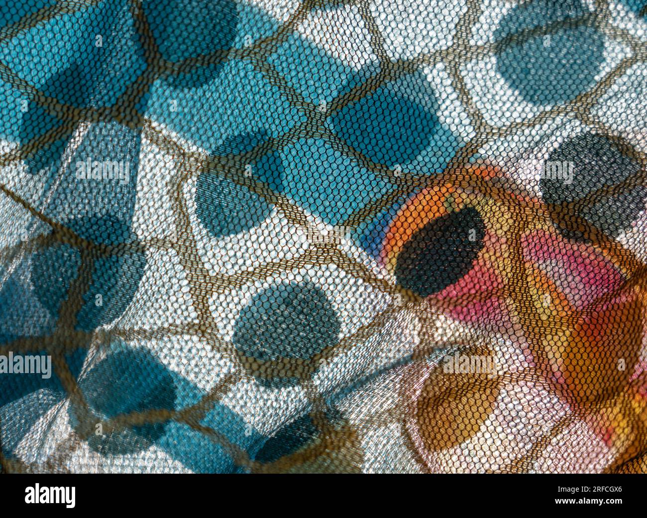 Layers of material are backlit & show a screen gridwork. Colors are ...