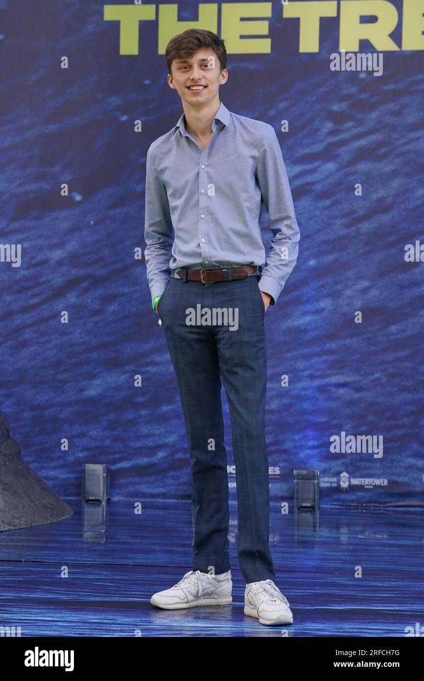 Henry Calvert attending a screening of Meg 2: The Trench at Odeon Luxe ...