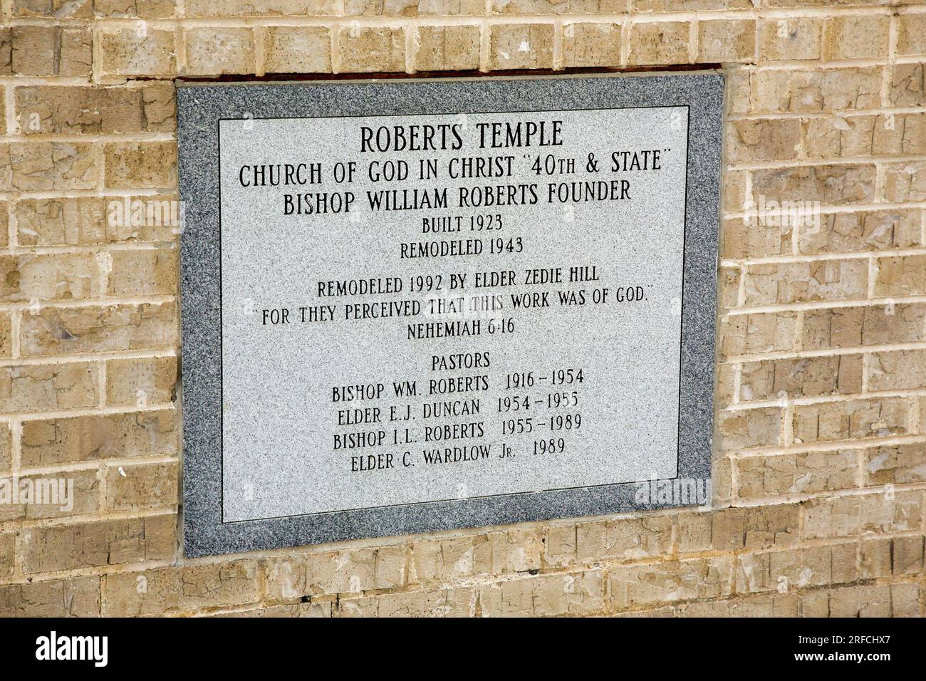 A plaque on the front wall of the Roberts Temple Church of God in ...