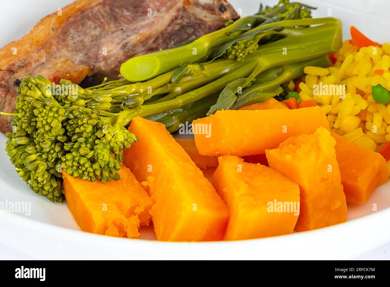 Tender Stem Broccolli Sweet Potatoe and Savoury Rice with a Lamb Chop ...