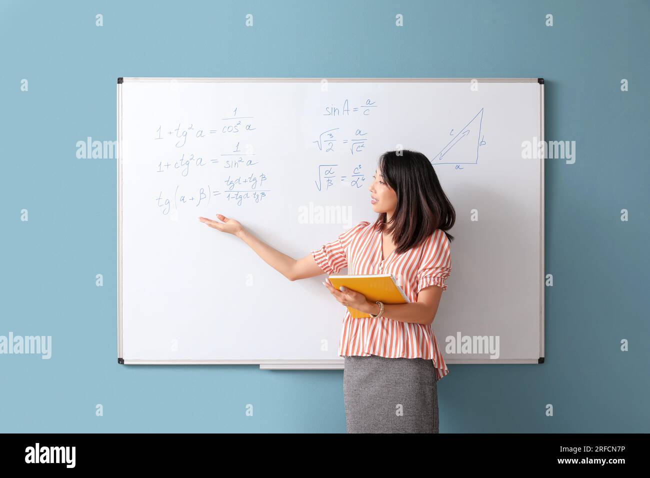 Asian Math teacher with notebook near flipboard in classroom Stock ...