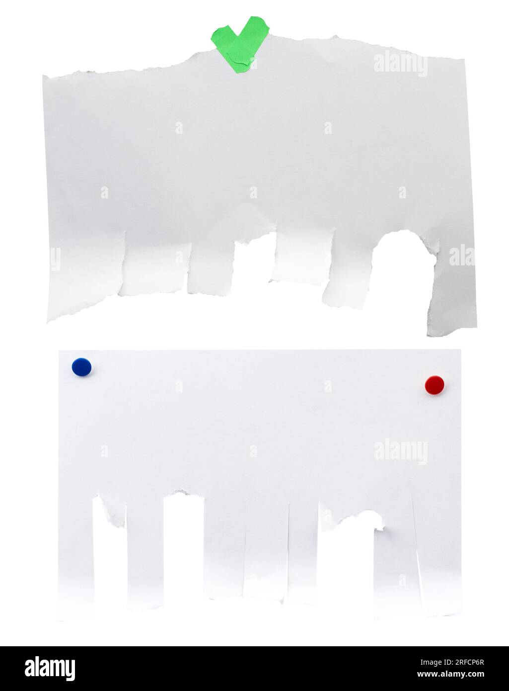 White sheet with tear-off edges for writing an ad on a white background ...