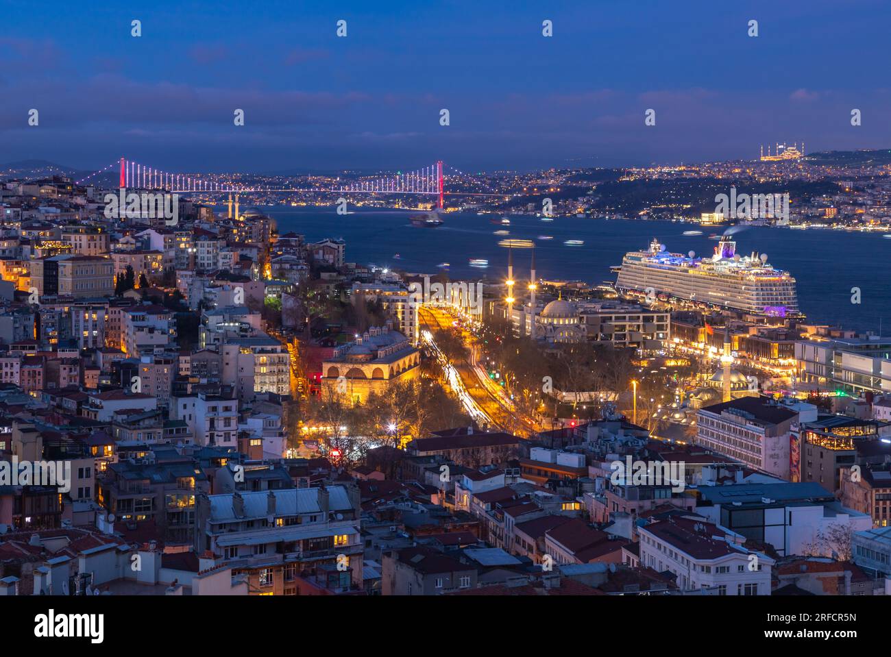 A picture of the buildings of the Beyoglu district and the Bosphorus ...