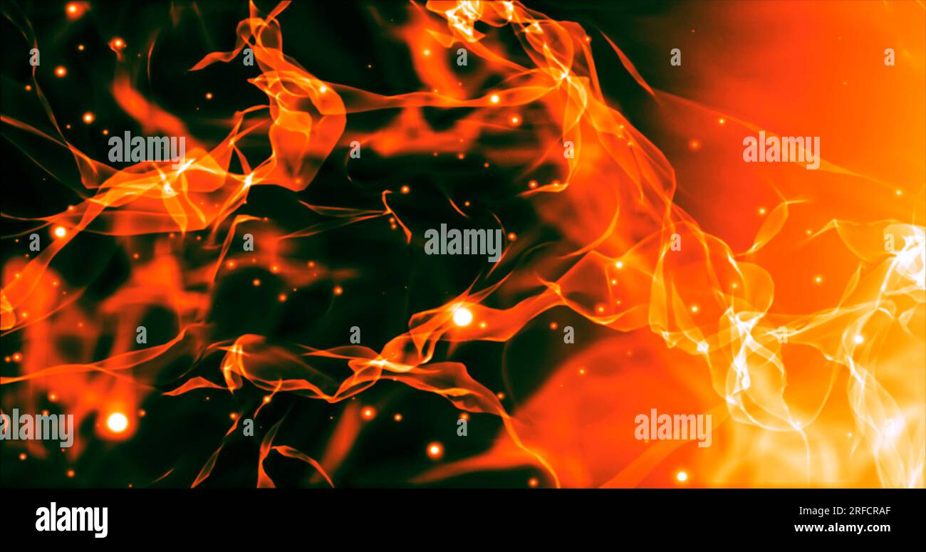 Abstract orange smoke and red fire flies in waves and flying particles ...