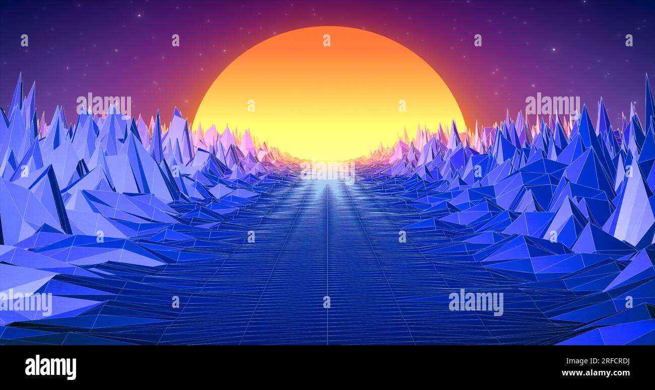 Abstract purple blue retro landscape in old 80s, 90s style with road ...