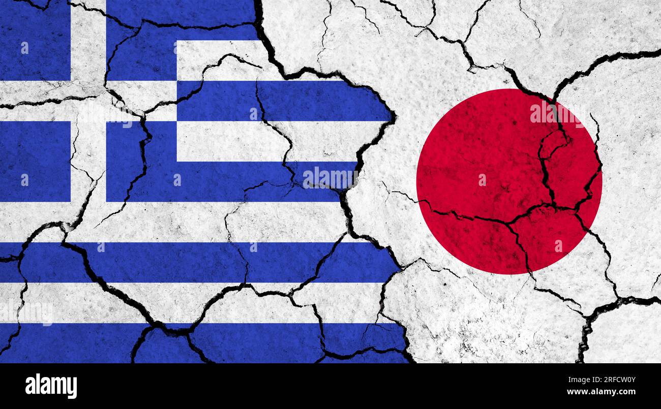 Flags of Greece and Japan on cracked surface - politics, relationship ...